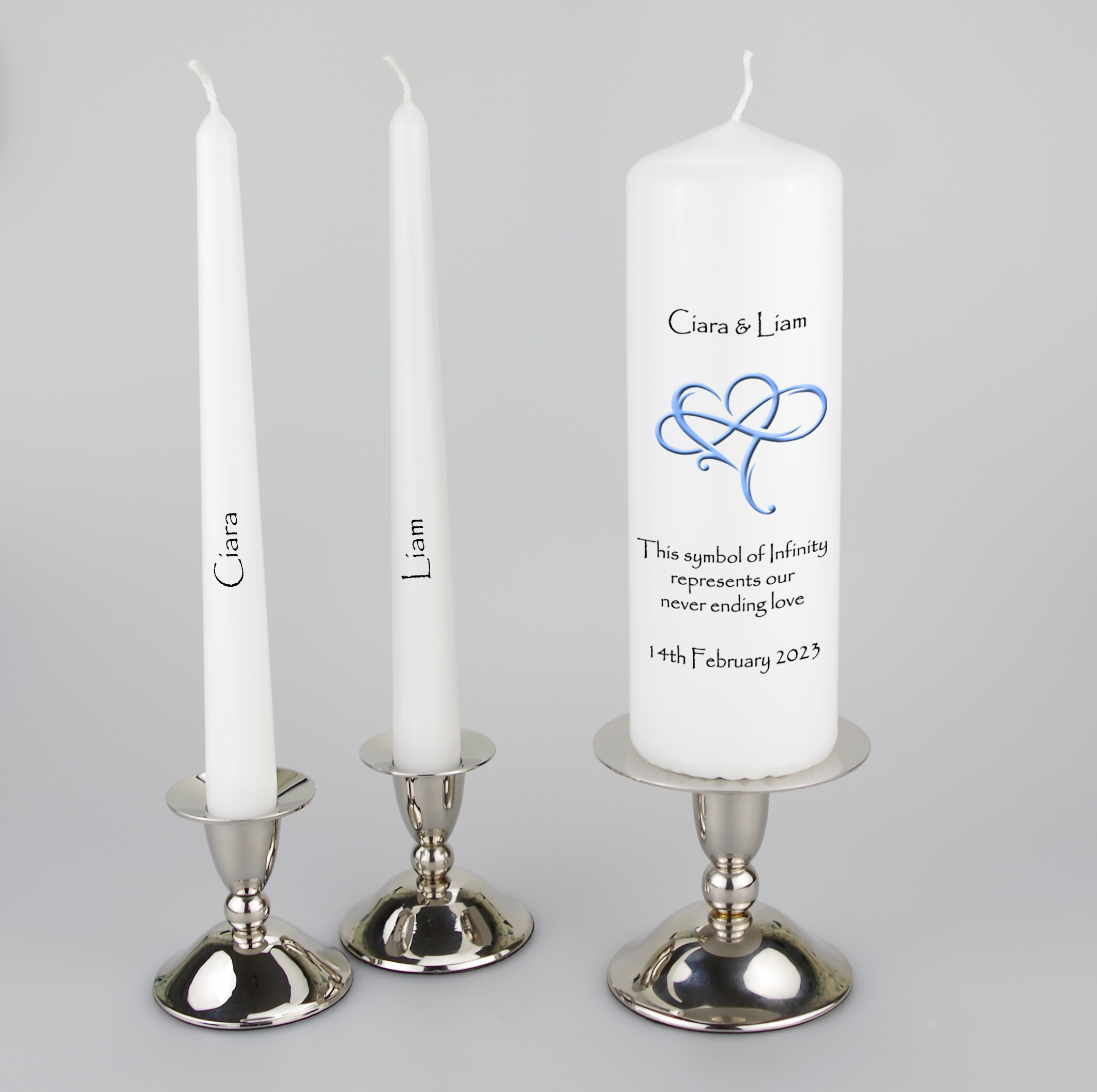 Personalised Unity candle set featuring entwined Hearts in a choice of ...